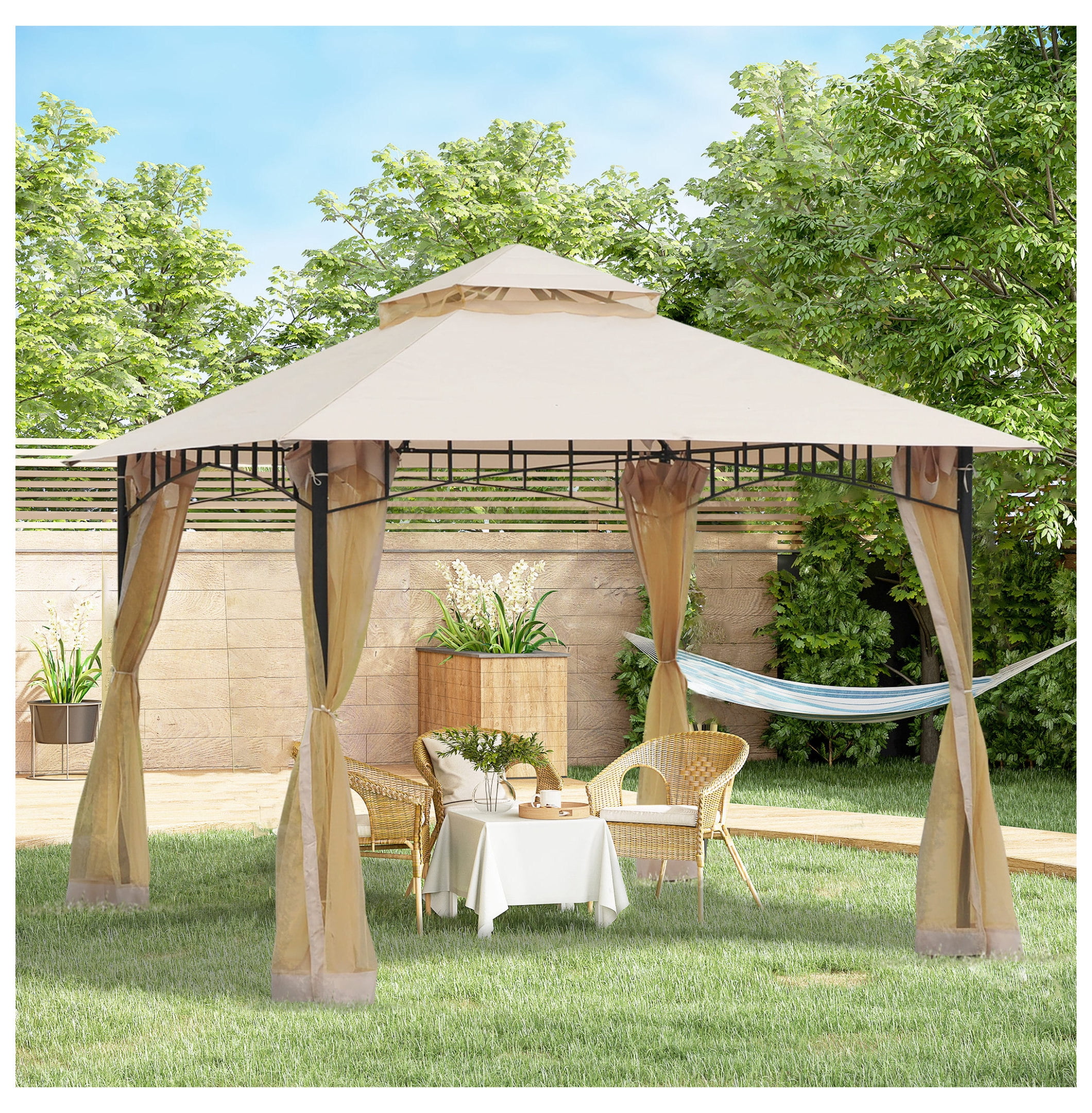 10x10 Outdoor Patio Gazebo Canopy Tent with Mesh Sidewalls, 2-Tier UV ...