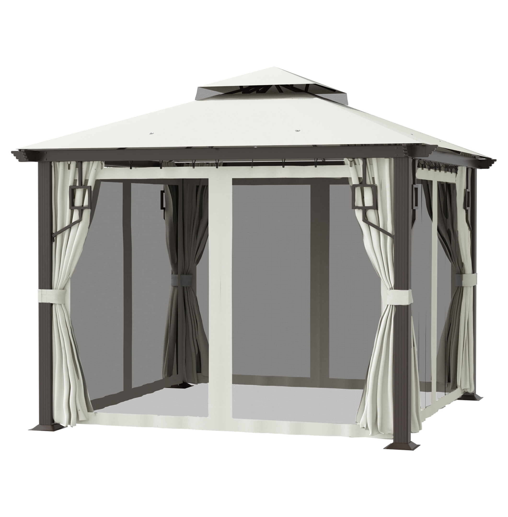 10x10 Patio Gazebo Double Roof Outdoor Canopy Cream White w/ Curtains ...