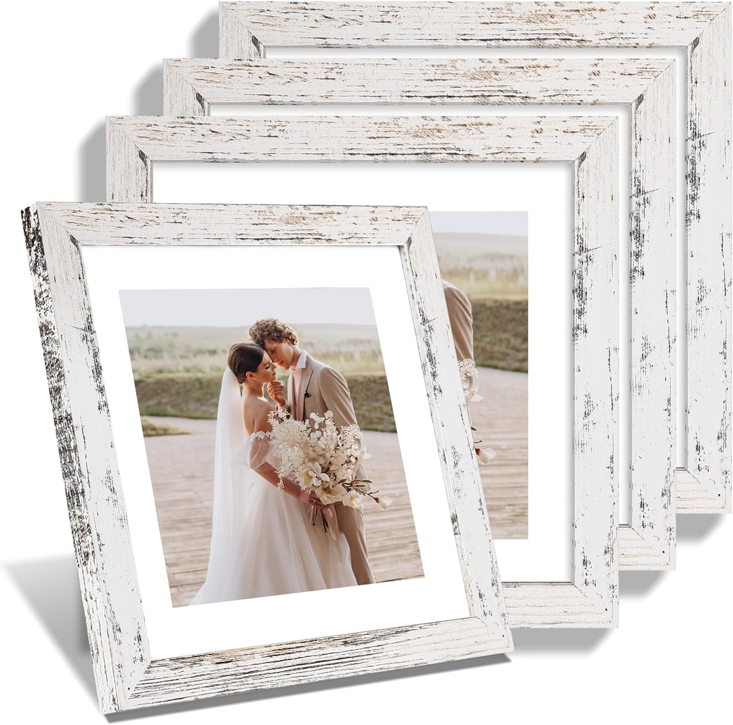 10x10 Picture Frame Set of 4, Made of Glass and Distressed White Wooden ...