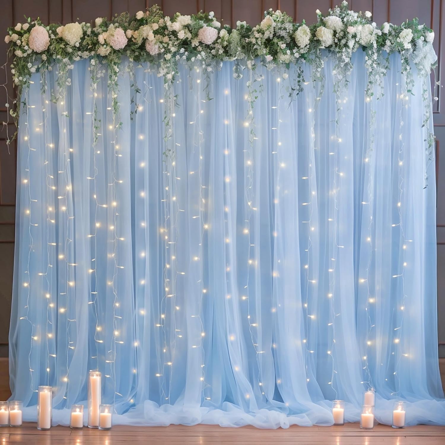 10x10ft Baby Blue Tulle Backdrop Curtain with Lights String for Parites ...