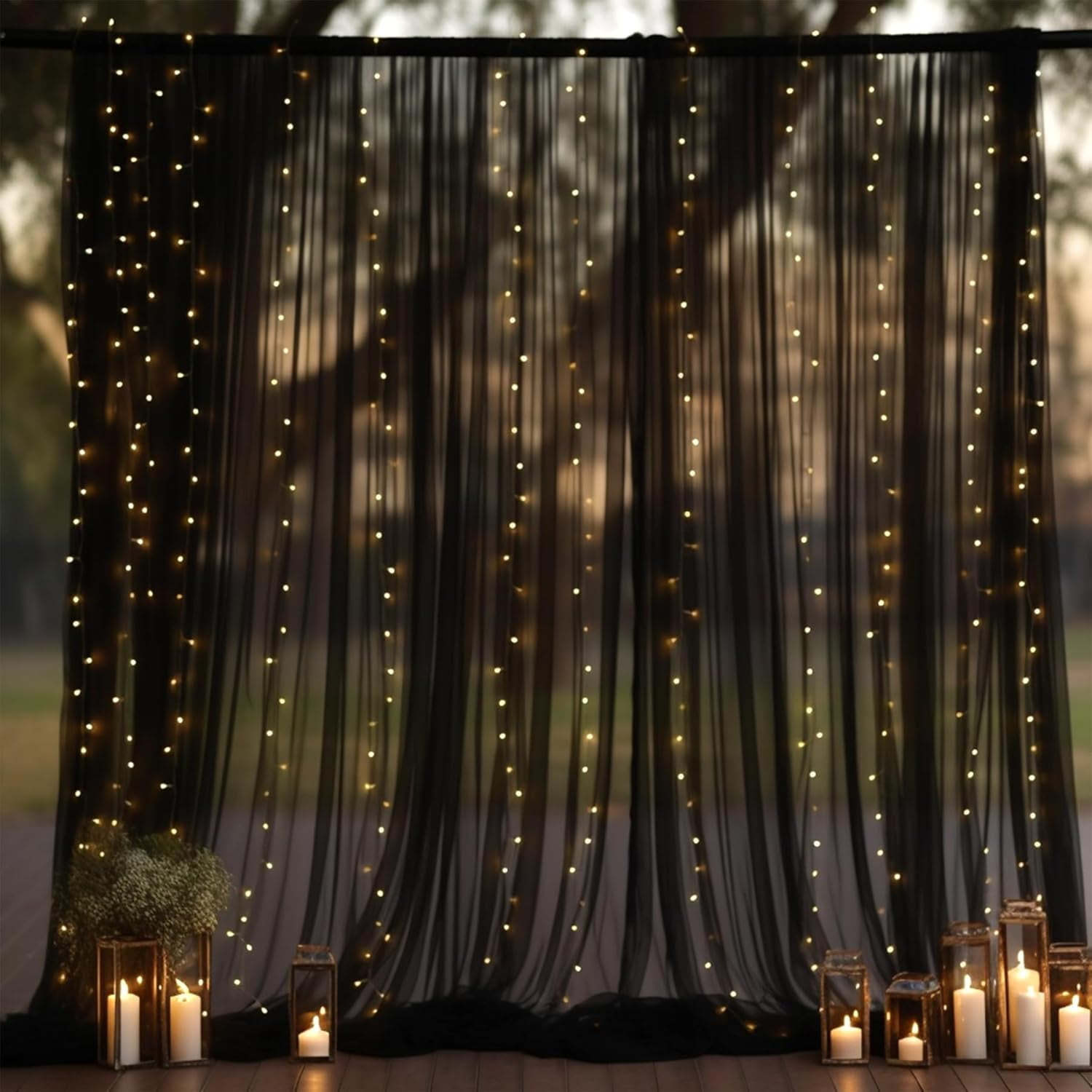 10x10ft Black Tulle Backdrop Curtain with Lights String for Parites ...