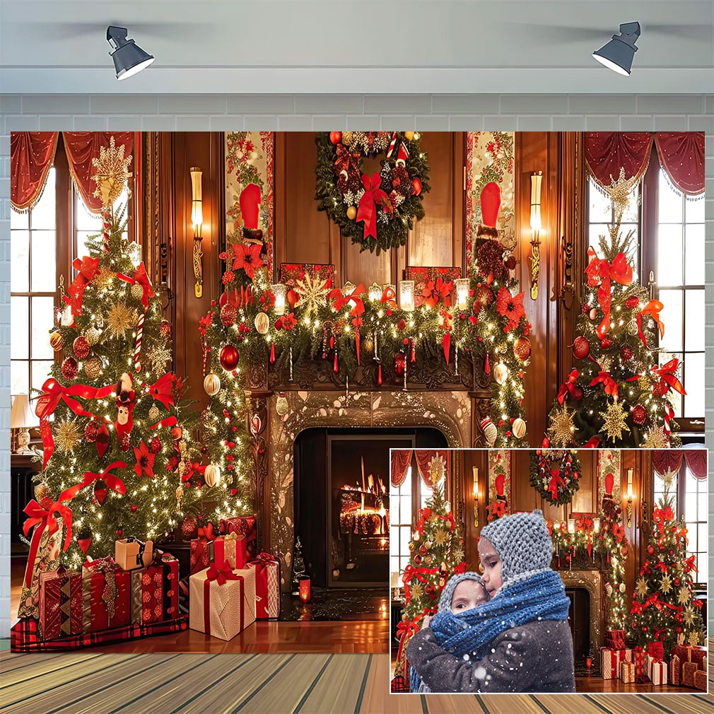 10x10ft Christmas Fireplace Backdrop Xmas Fireplace Tree Wall Gifts Party Decor Background ...