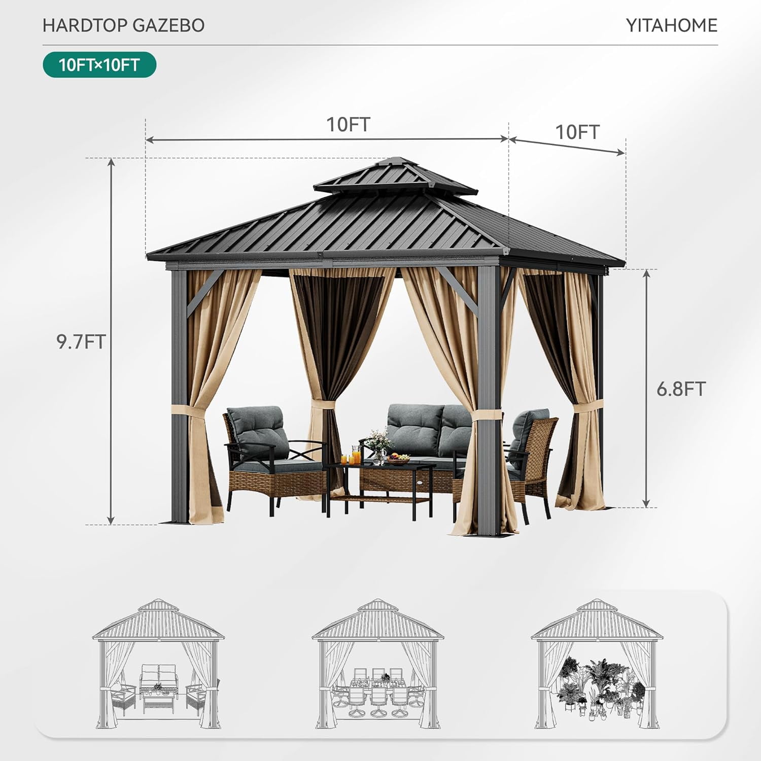 10x10ft Hardtop Gazebo with Double Roof, Netting & Curtains, Heavy Duty ...