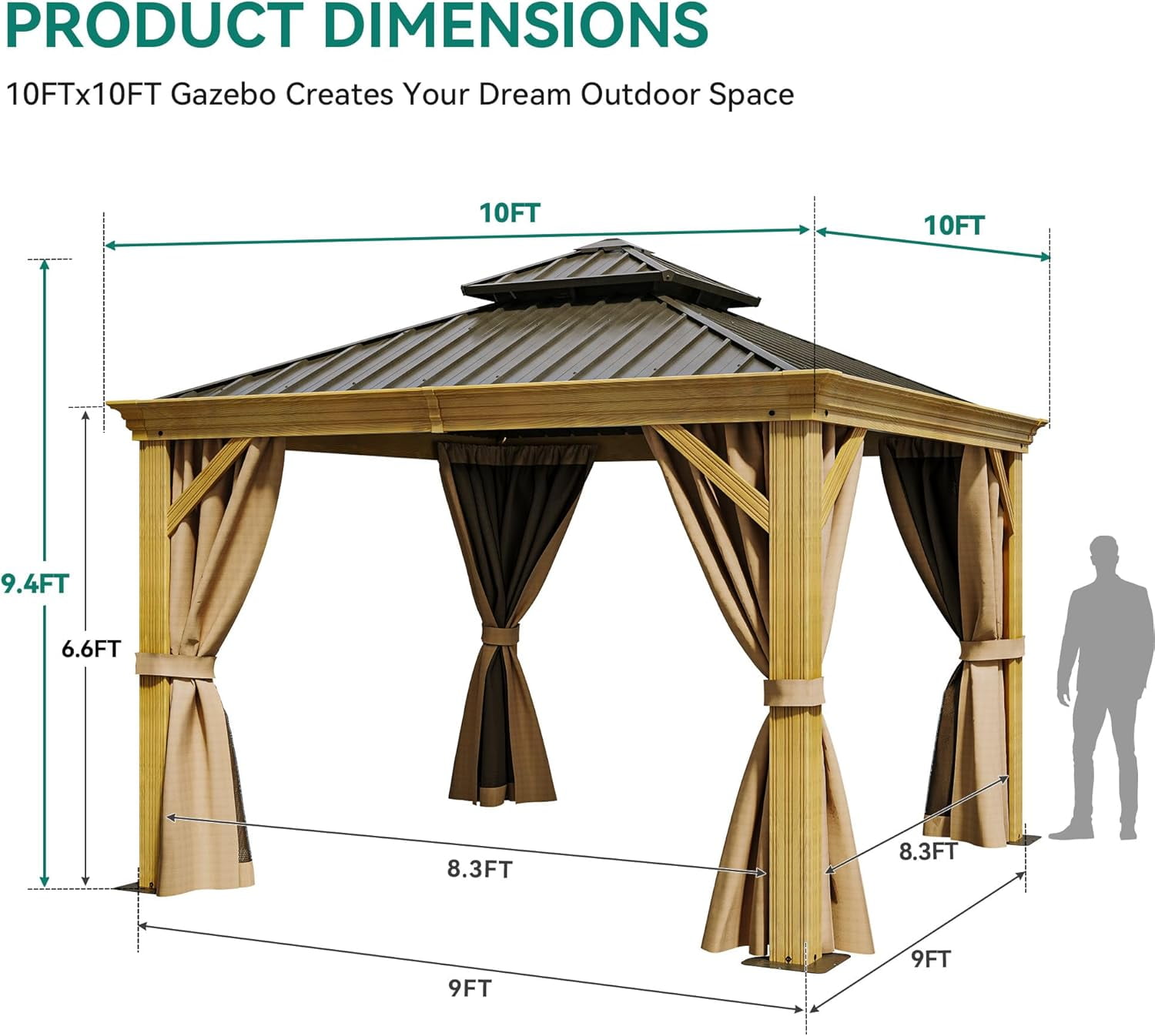 10x10ft Hardtop Gazebo with Nettings and Curtains, Wood Grain Heavy ...