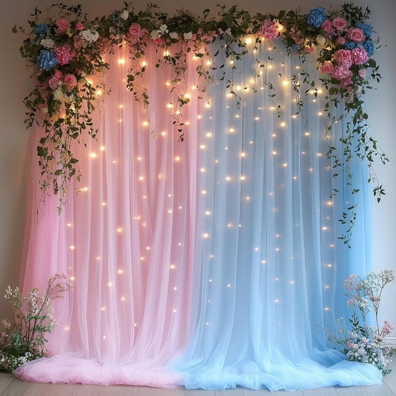 10x10ft Pink Blue Tulle Backdrop Curtain with String Lights, Wrinkle ...