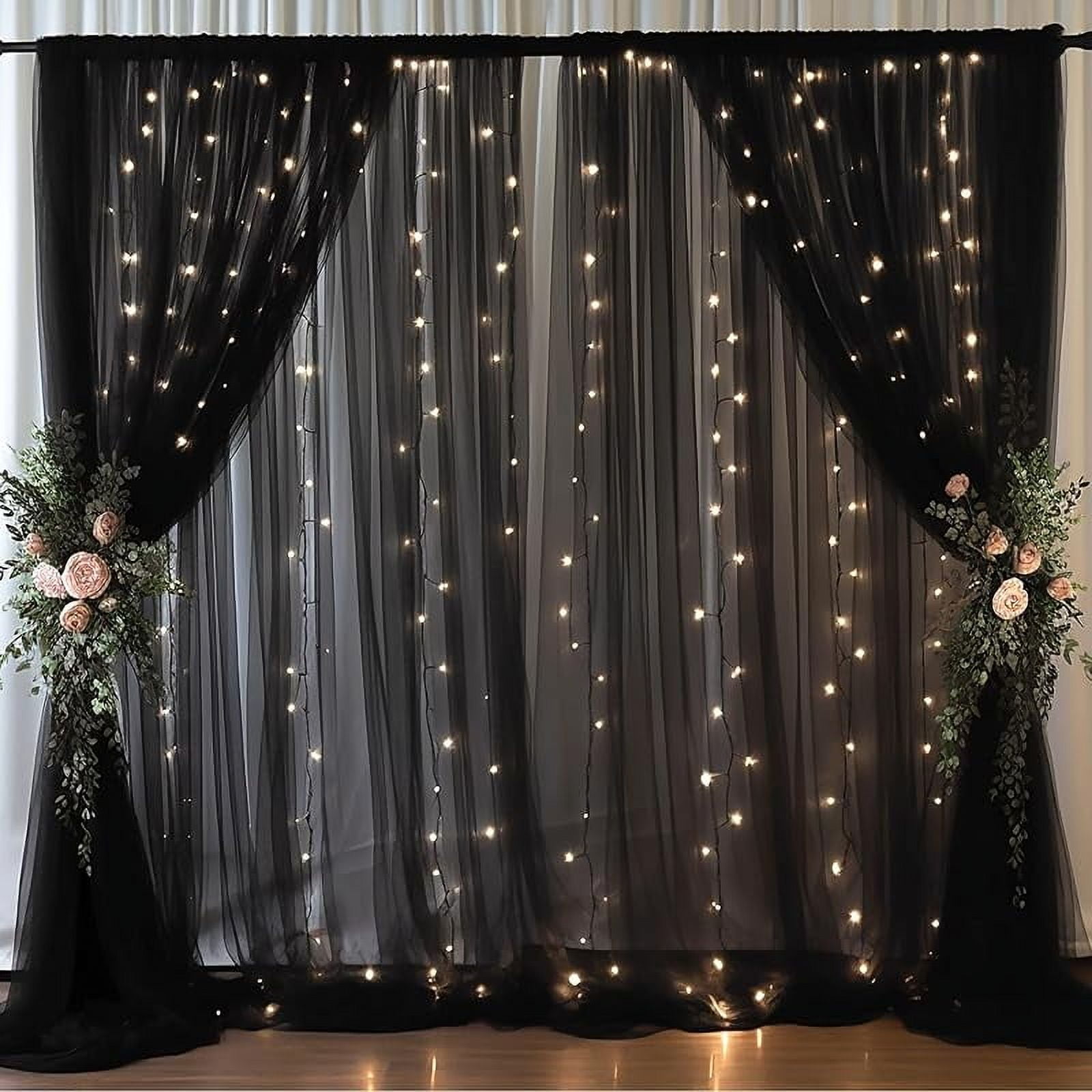 10x10ft Tulle Backdrop Curtain with Lights String for Parites, Sheer ...