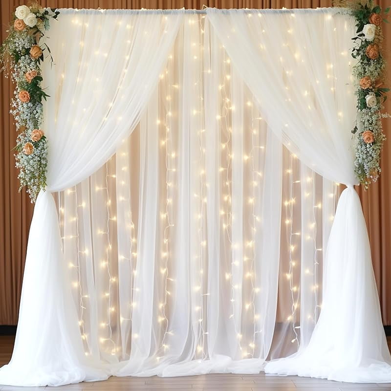 10x10ft White Tulle Backdrop Curtain with Lights String for Parites ...