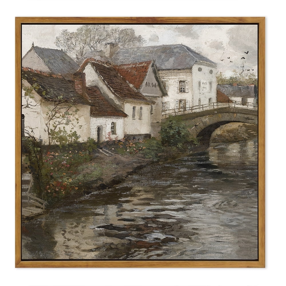 10x10in Natural Framed Landscape Canvas Wall Art Vintage Framed Town ...