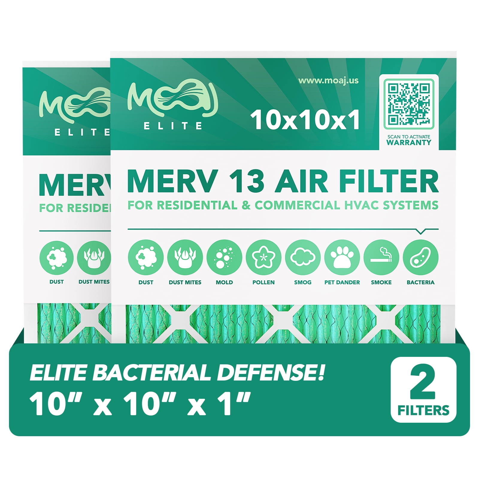 10x10x1 Air Filter (2-PACK) | MERV 13 | MOAJ Elite Bacterial & Viral ...