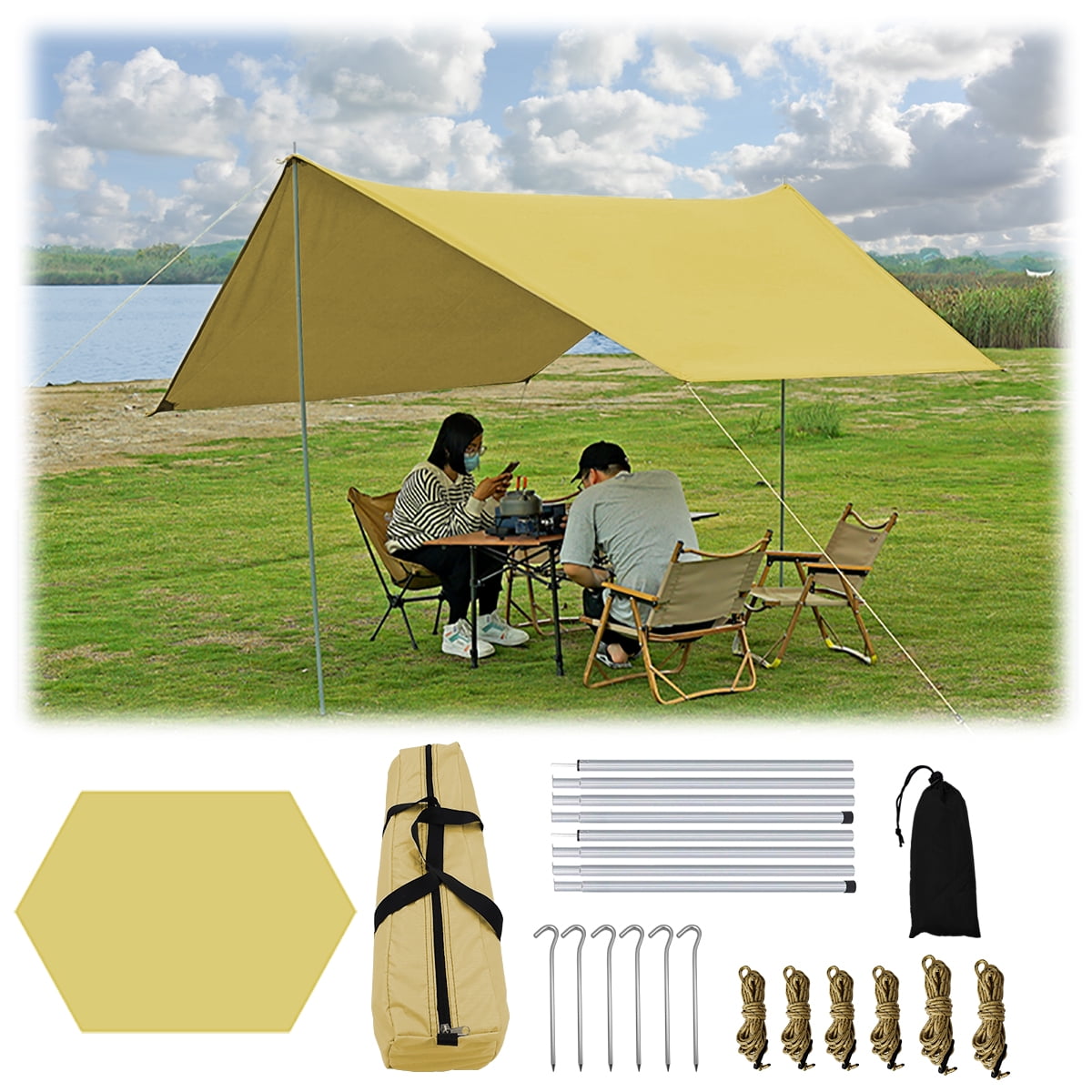 10x11ft Lightweight Camping Tarp with Poles Waterproof Tarp Tent Rain ...