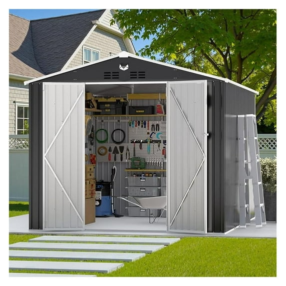 10x12 FT Metal Storage Shed - Outdoor Garden Shed with Lockable Doors ...