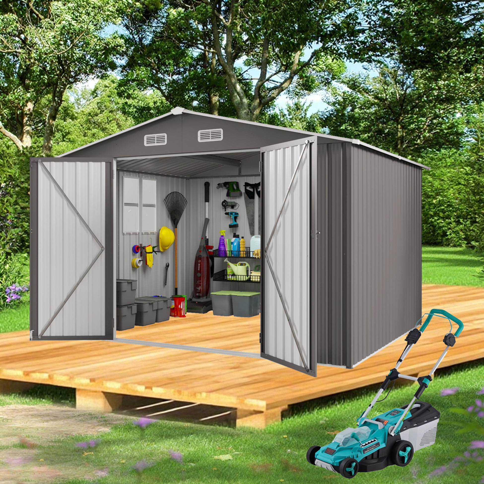 10x12 FT Outdoor Storage Shed, Garden Tool Shed with Lockable Door, Air Vent and Two Windows ...
