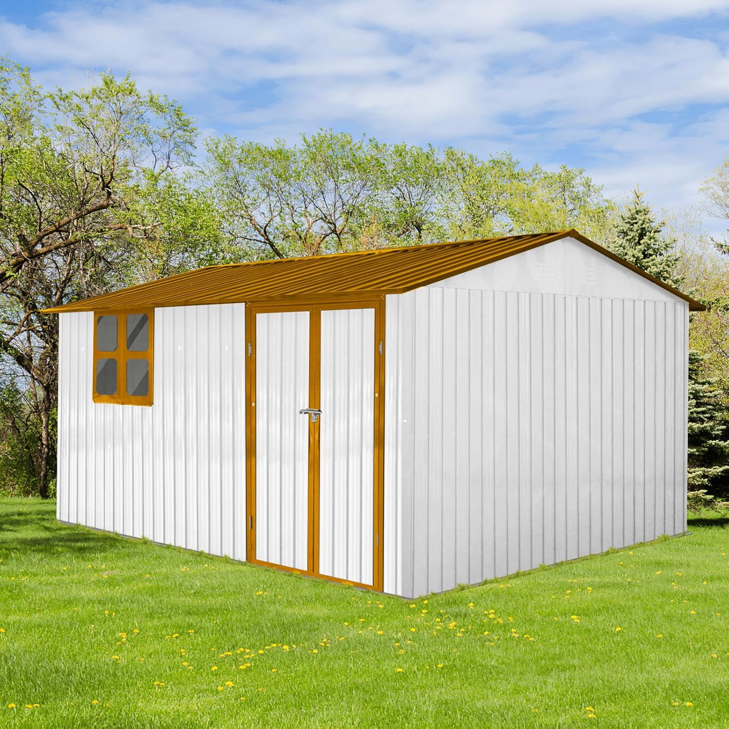 10x12 FT Outdoor Storage Shed, Large Metal Garden Shed with 4-pane ...