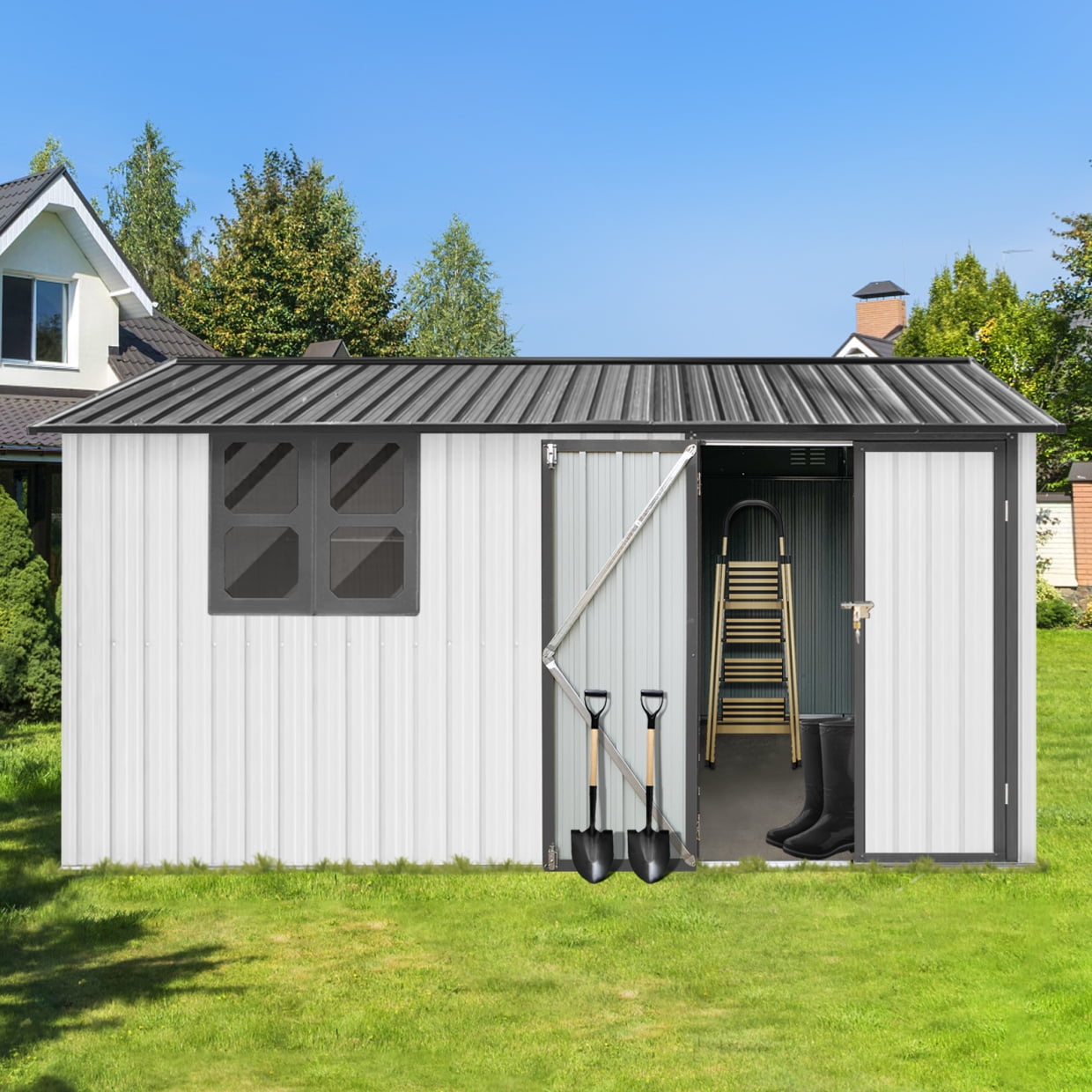 10x12 FT Outdoor Storage Shed, Metal Aluminum Waterproof Tool Shed with ...