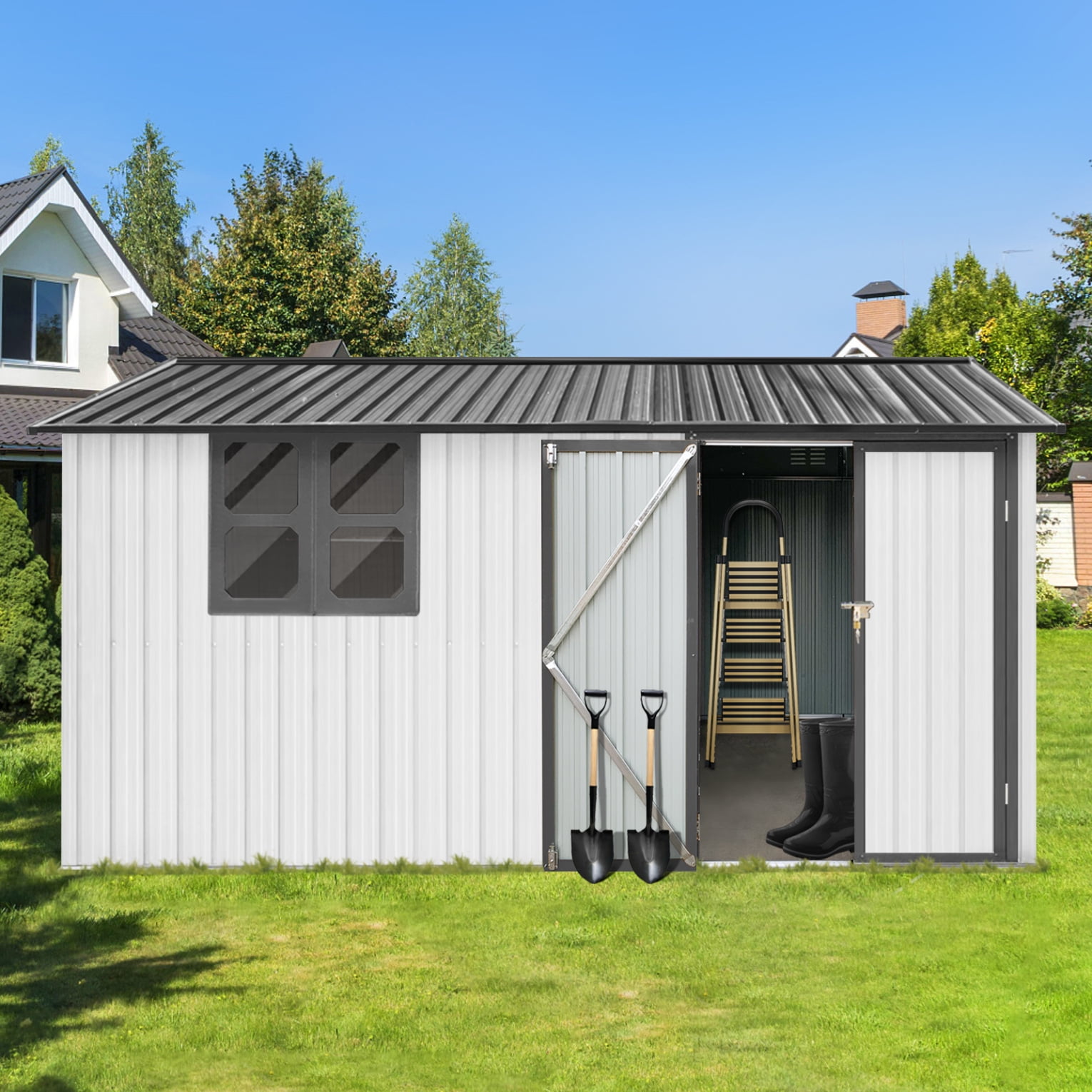 10x12 FT Outdoor Storage Shed, Metal Waterproof Tool Sheds with Window ...