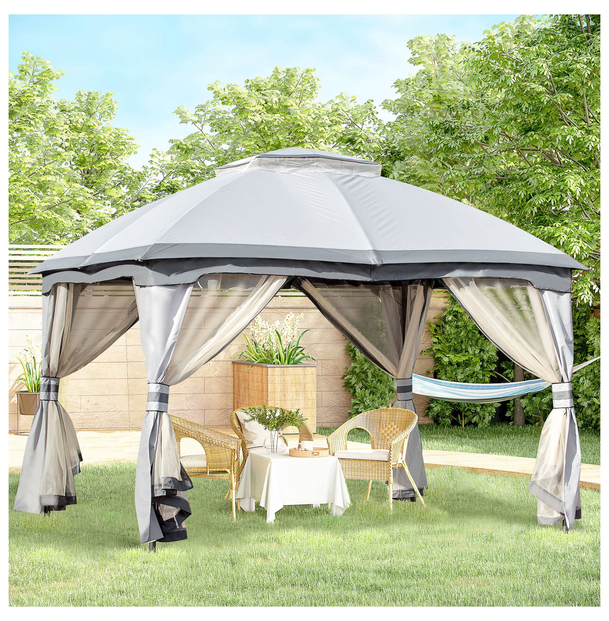 10x12 Outdoor Gazebo Patio Canopy Shelter Double Roof Steel Frame Grey ...