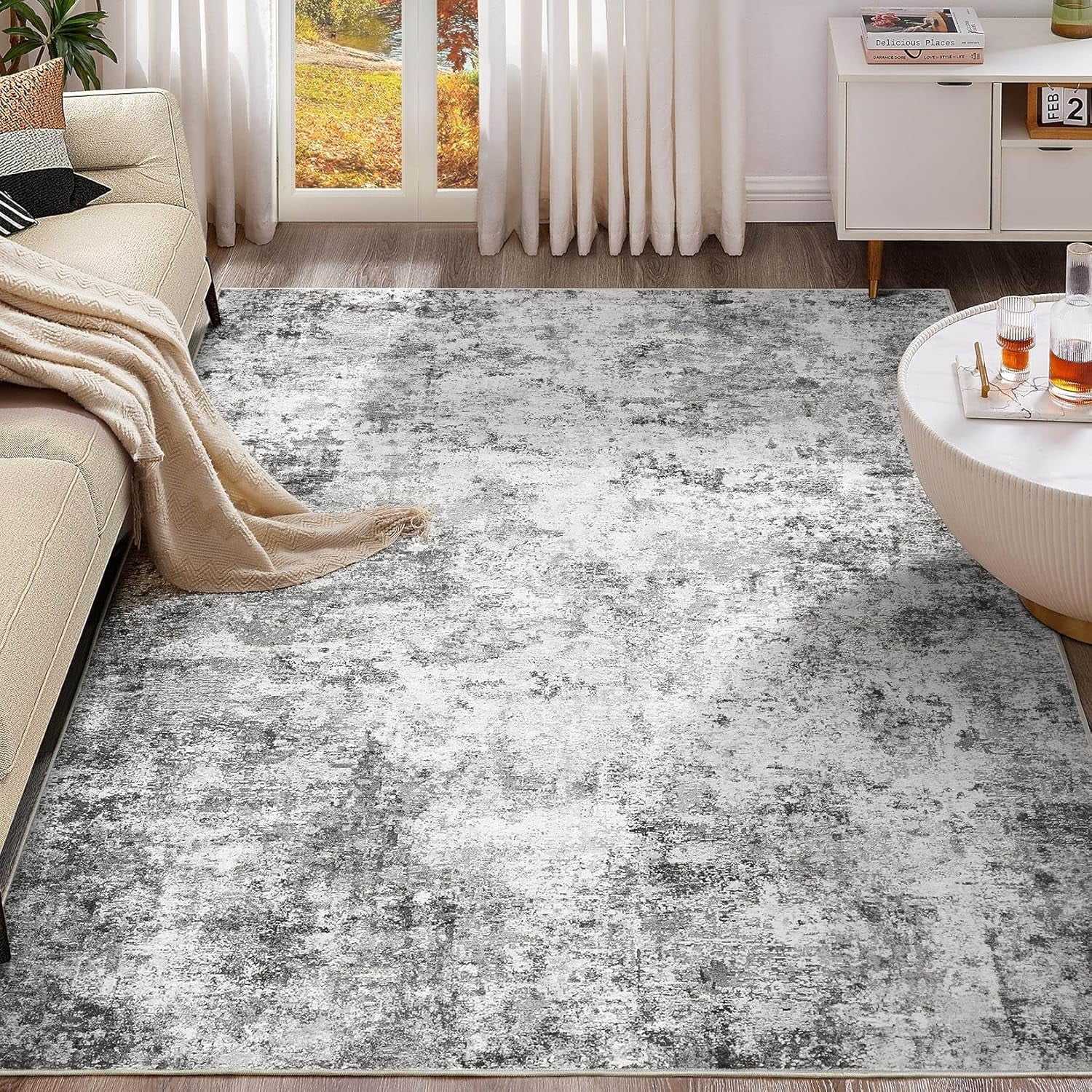 10x14 Area Rug Living Room Rugs - Washable Neutral Modern Abstract Soft ...