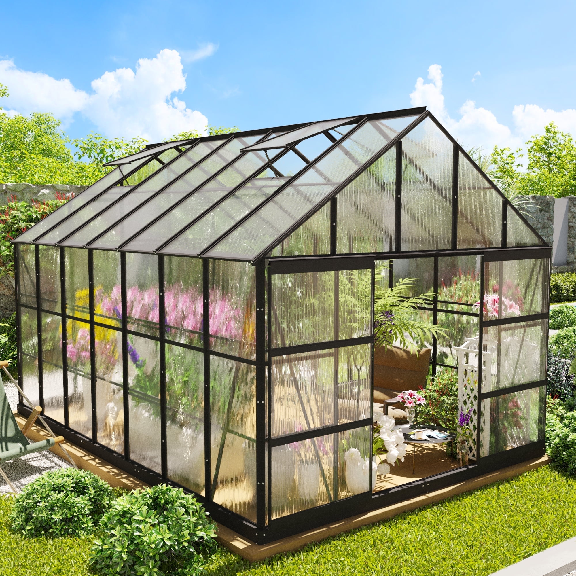 10x14 FT Outdoors Greenhouse, Walk-in Aluminum Polycarbonate Greenhouses with 4 Roof Vent ...