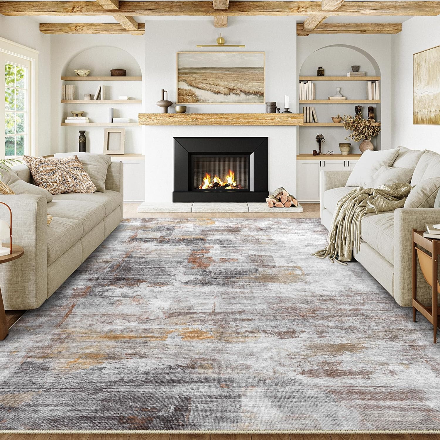 10x14 Washable Area Rug Grey Rust Abstract Modern Living Room Bedroom ...