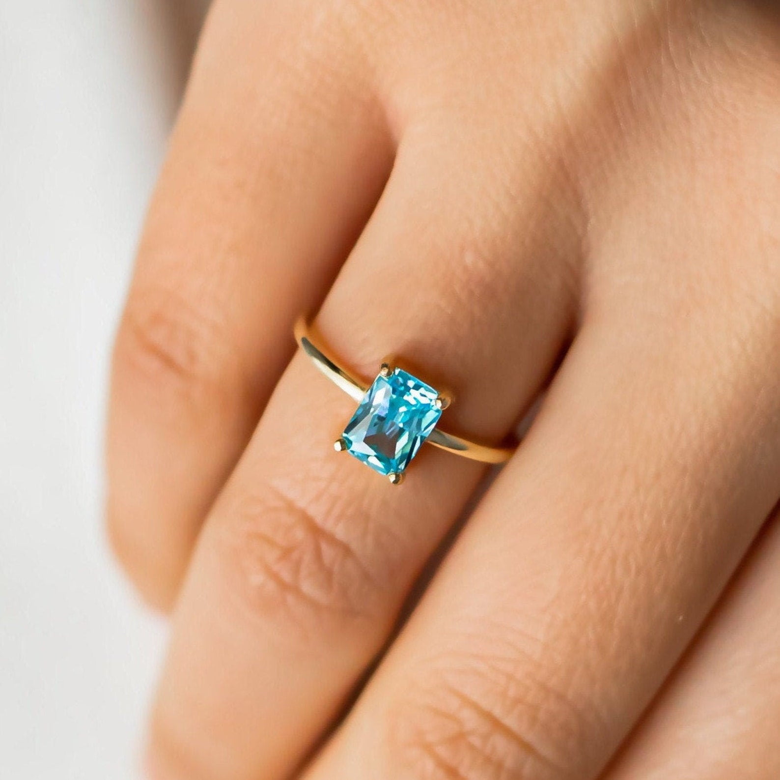 10x14 mm Aquamarine Solitaire Ring • Emerald Cut Birthstone Ring ...