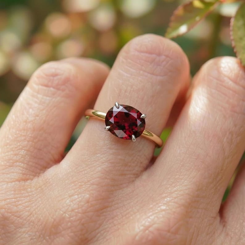 10x14 mm East West Oval Cut Garnet Engagement Ring, Silver with Yellow ...