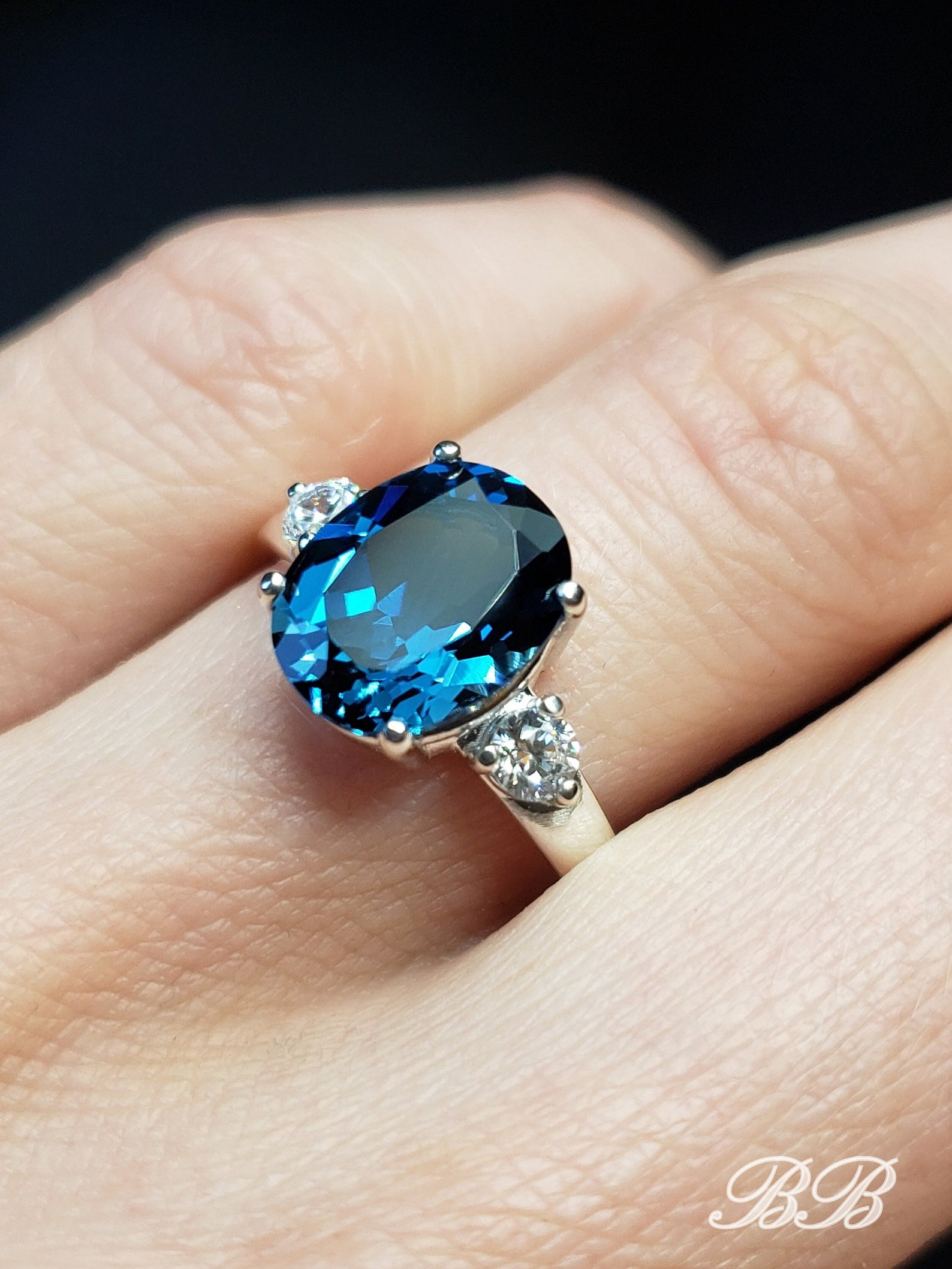 10x14mm Natural London Blue Topaz, Oval Three Stone Gemstone Ring, 6A ...