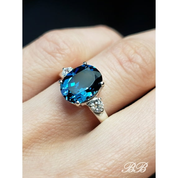 10x14mm Natural London Blue Topaz, Oval Three Stone Gemstone Ring, 6A ...