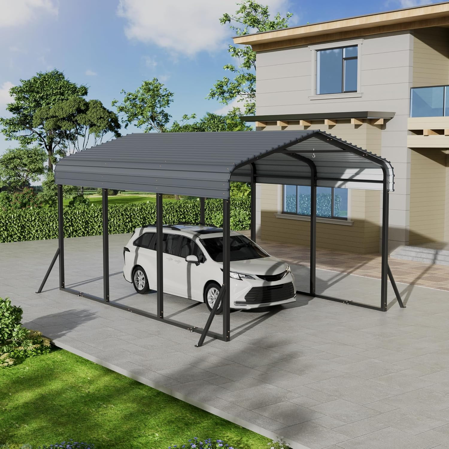 10x15 FT Metal Carport, Heavy Duty Carport with Galvanized Steel Roof ...