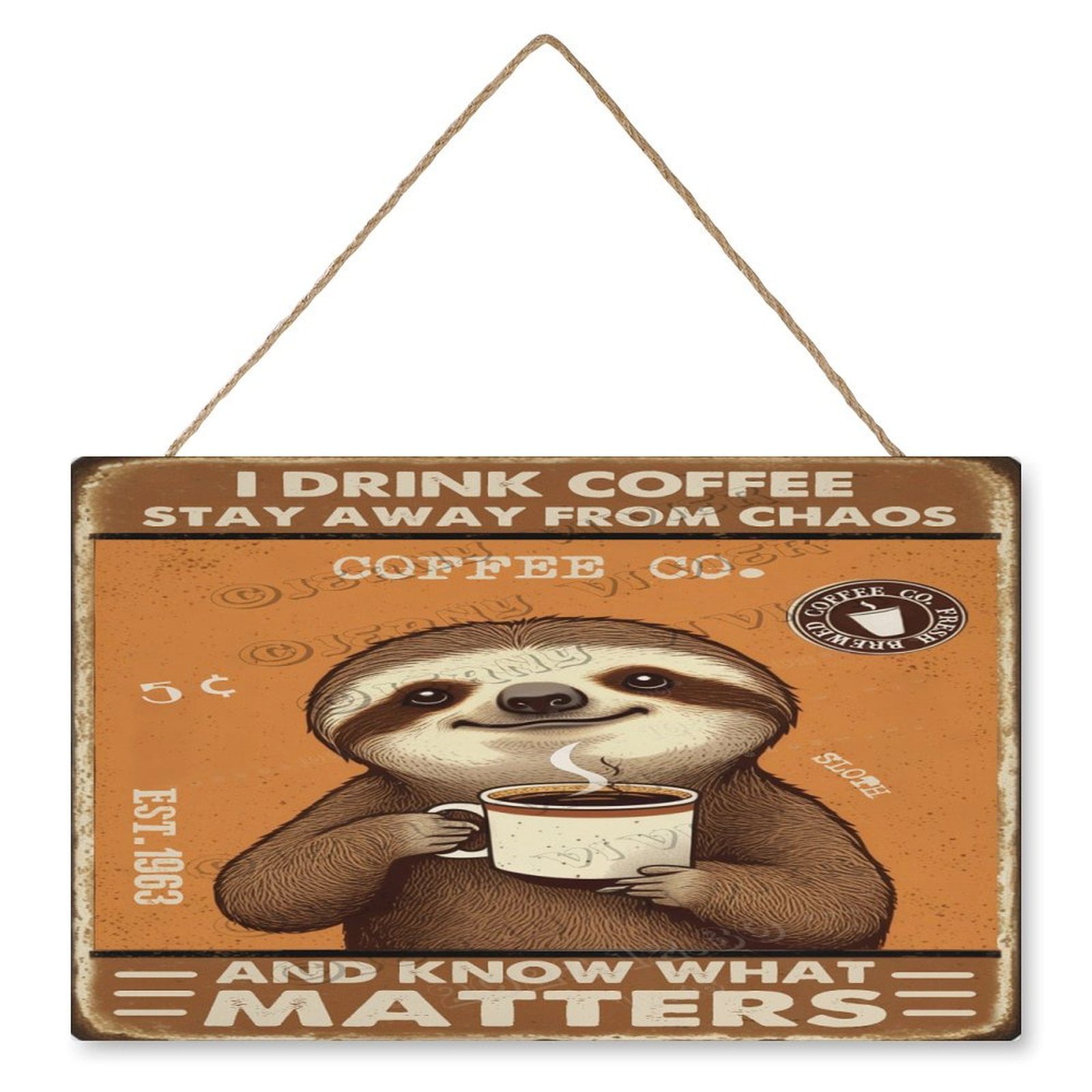 10x16 IN Retro Wood Hanging Sign - Square - Sloth Decor With Coffee ...