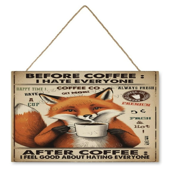 10x16 IN Retro Wood Hanging Sign - Square - Fox Decor Before Coffee I ...