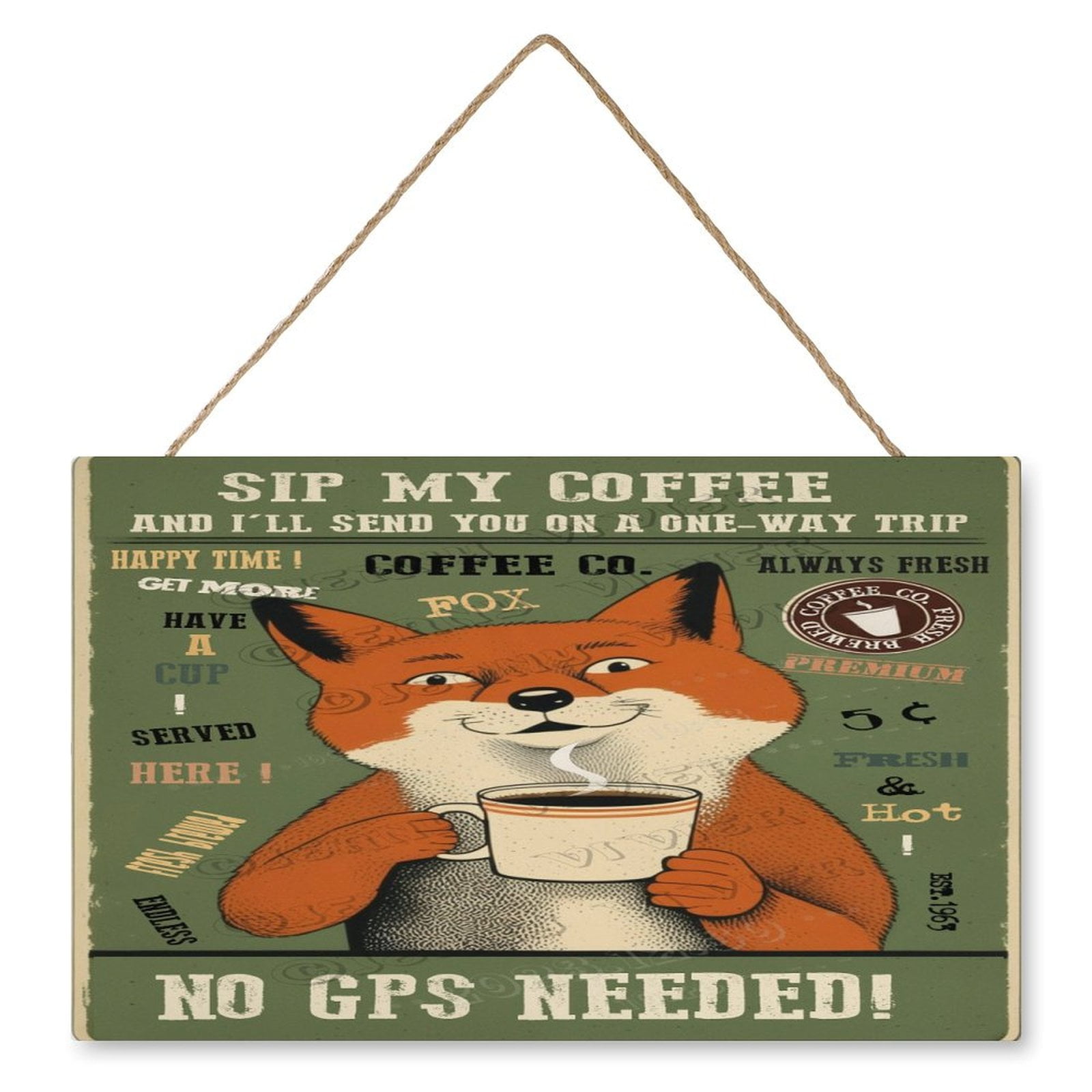 10x16 IN Retro Wood Hanging Sign - Square - Fox Decor Sip My Coffee ...