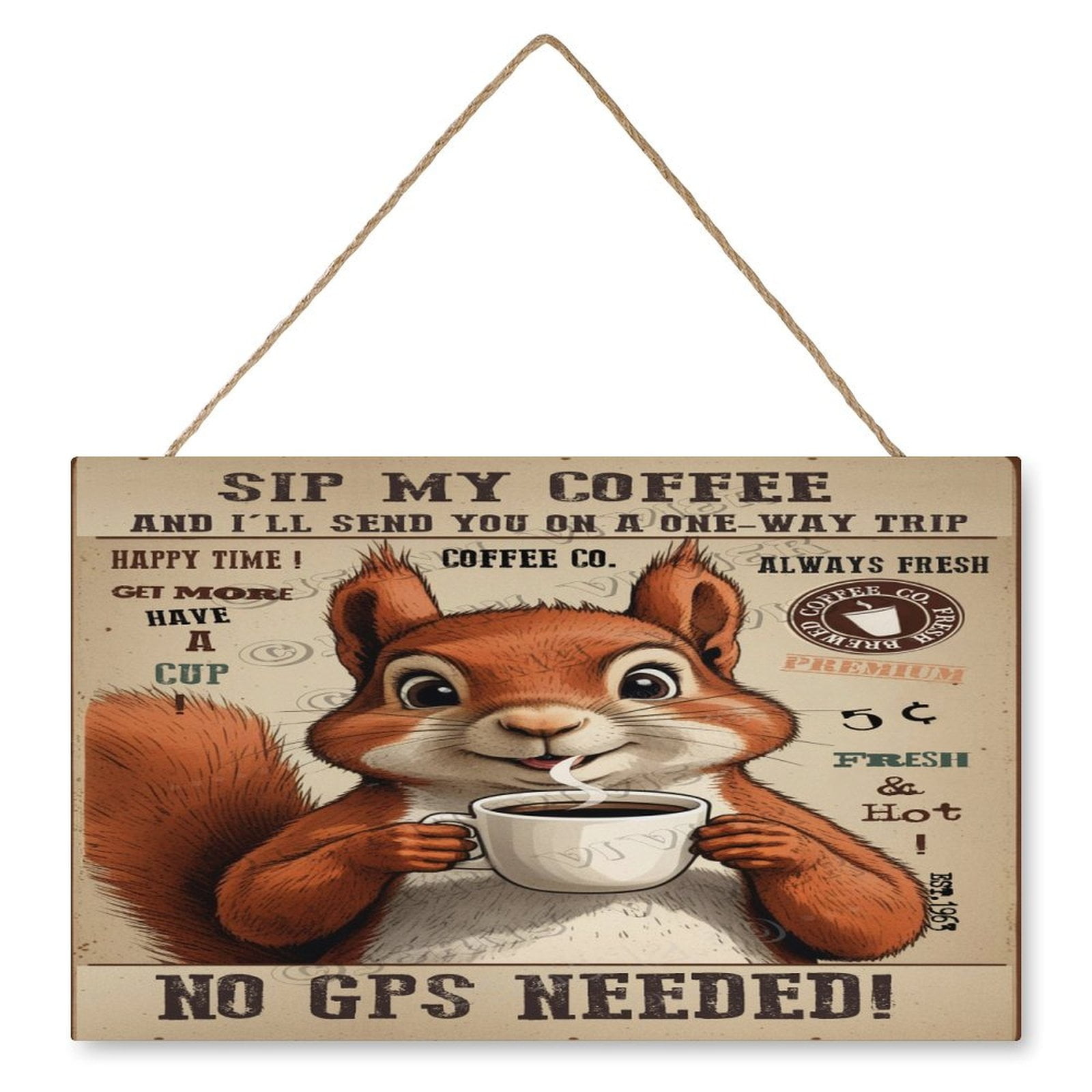 10x16 IN Retro Wood Hanging Sign - Square - Squirrel Decor With Coffee ...