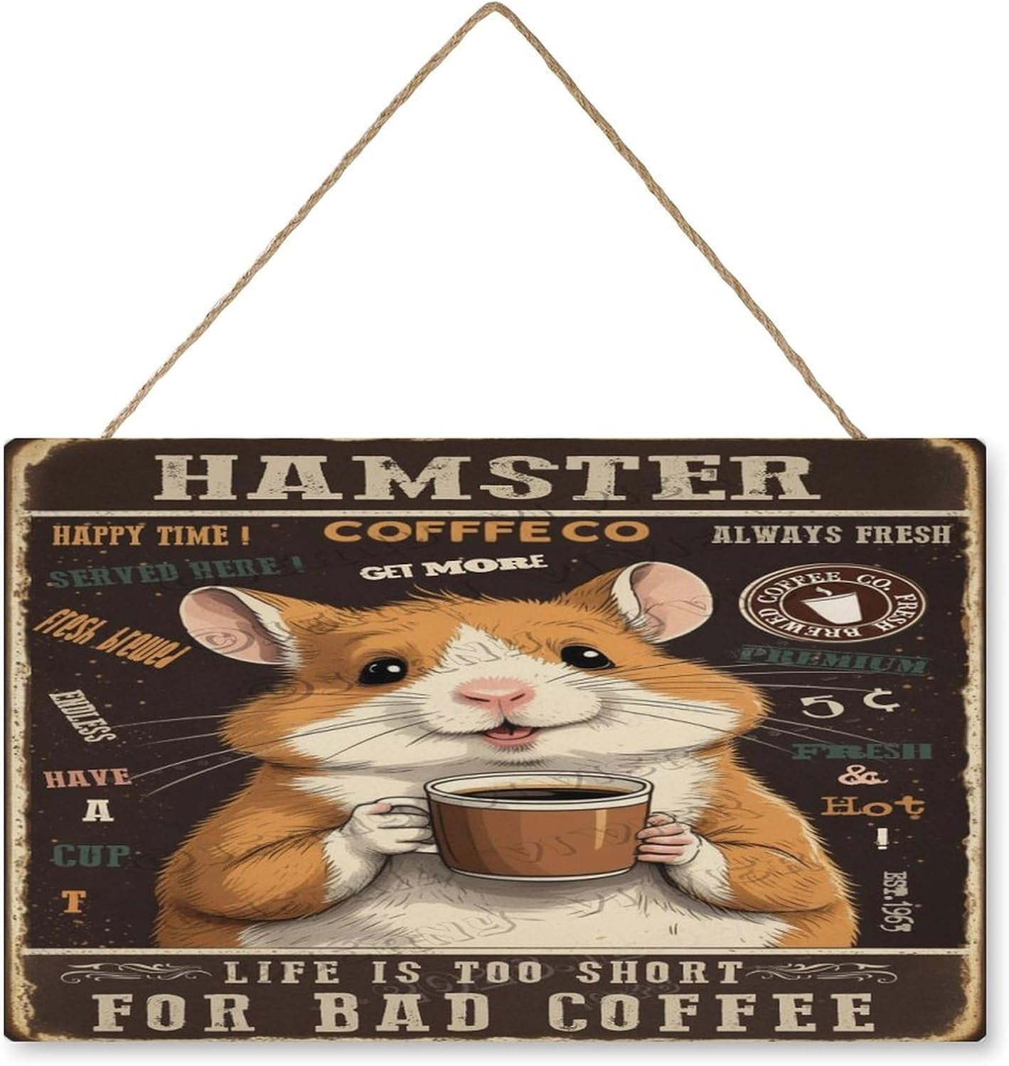 10x16 inches Retro Wood Hanging Sign - Square - Hamster Decor Coffee ...