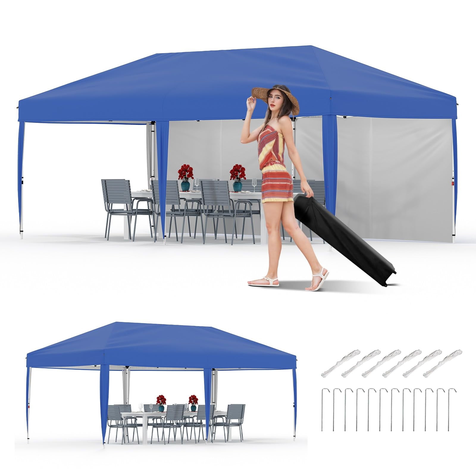 10x20 Pop Up Canopy with 2 Sidewalls, 3 Adjustable Heights & Roller Bag ...