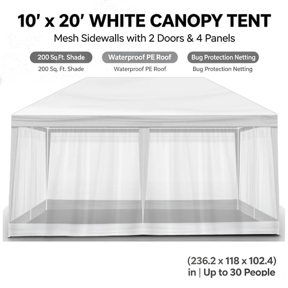 10x20ft Canopy with Mesh Sidewalls – 2 Doors, 4 Panels, White PE Roof ...