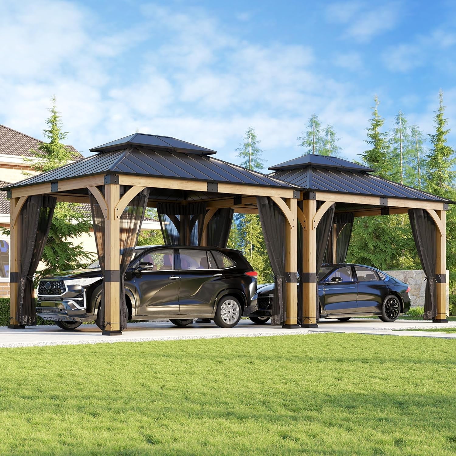 10x24x9.6 FT Cedar Wood Hardtop Carport with Galvanized Steel Roof ...