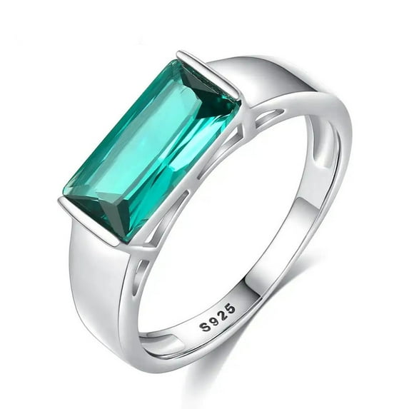 10x5mm Baguette Cut Lab-Created Emerald Bar Set Ring in 925 Sterling ...