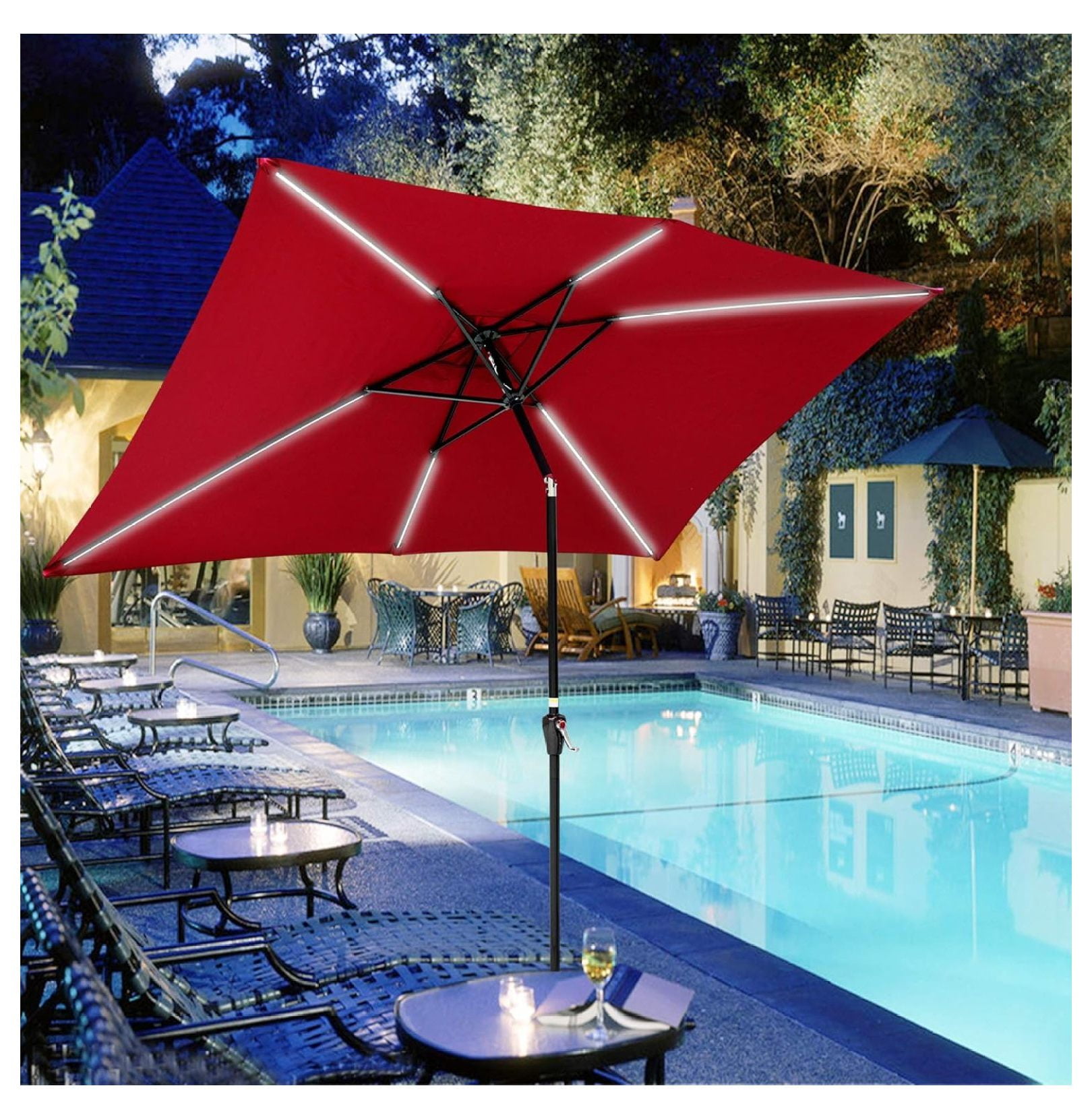 10x6FT Rectangle Solar LED Lighted Patio Umbrella with Tilt and Crank ...
