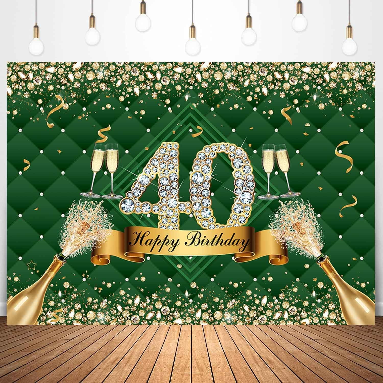 10x7ft Happy 40th Birthday Backdrop Green Gold Glitter Diamond ...