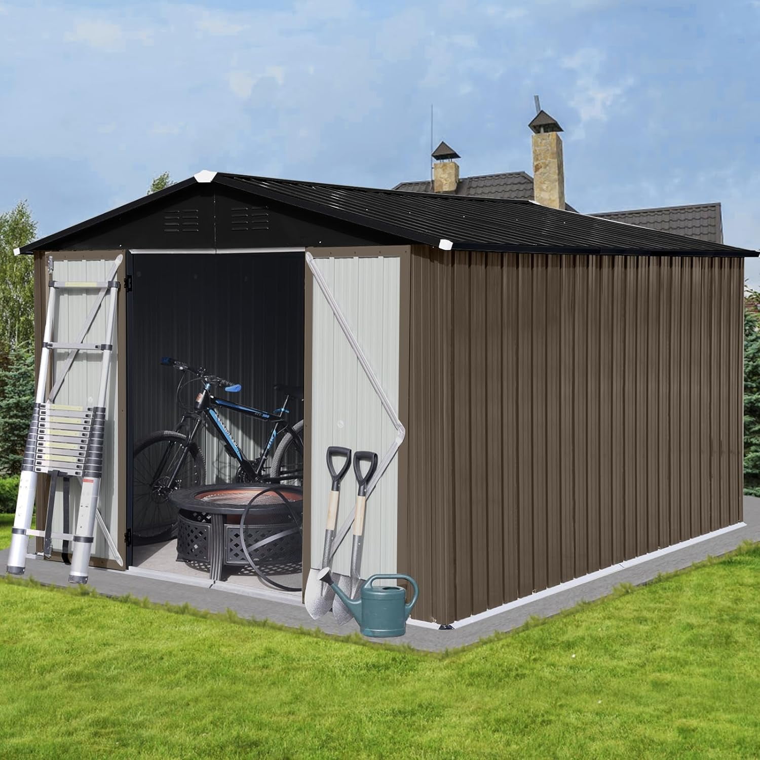 10x8 FT Metal Garden Sheds with Hinged Door and Padlock & Punched Vents,Aluminum Outdoor Storage ...