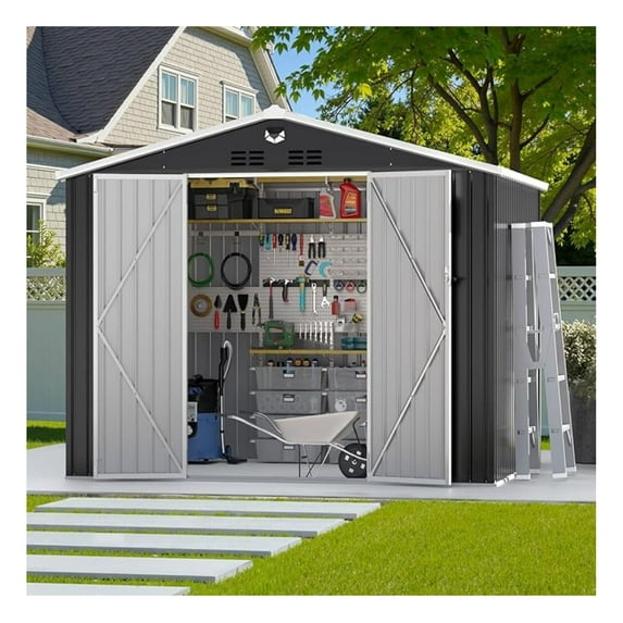 10x8 FT Metal Storage Shed - Outdoor Garden Shed w/ Lockable Doors ...