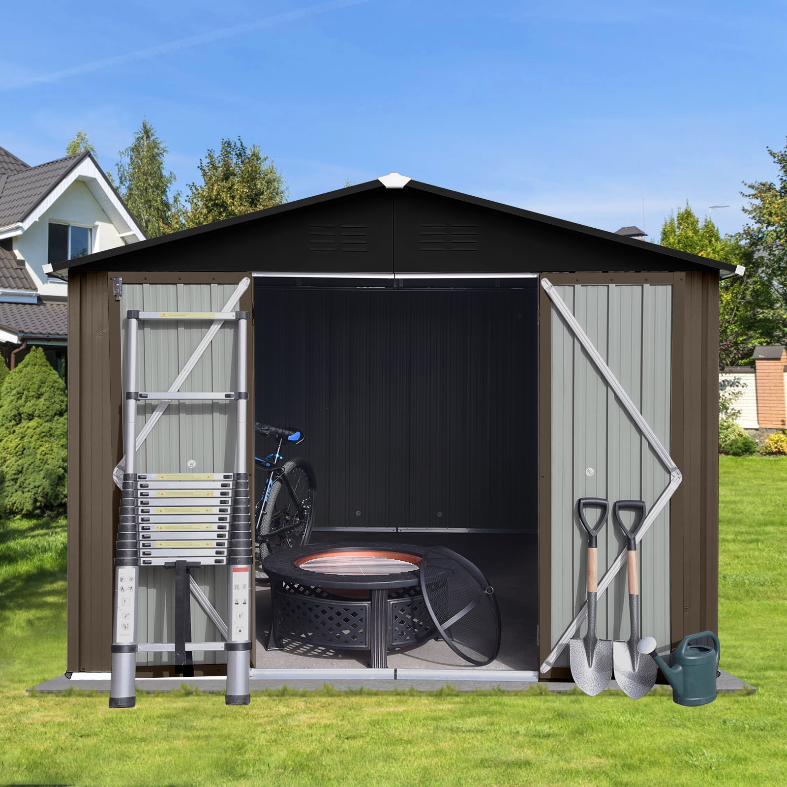 10x8 FT Outdoor Storage Shed, Metal Tool Sheds Heavy Duty Storage House ...