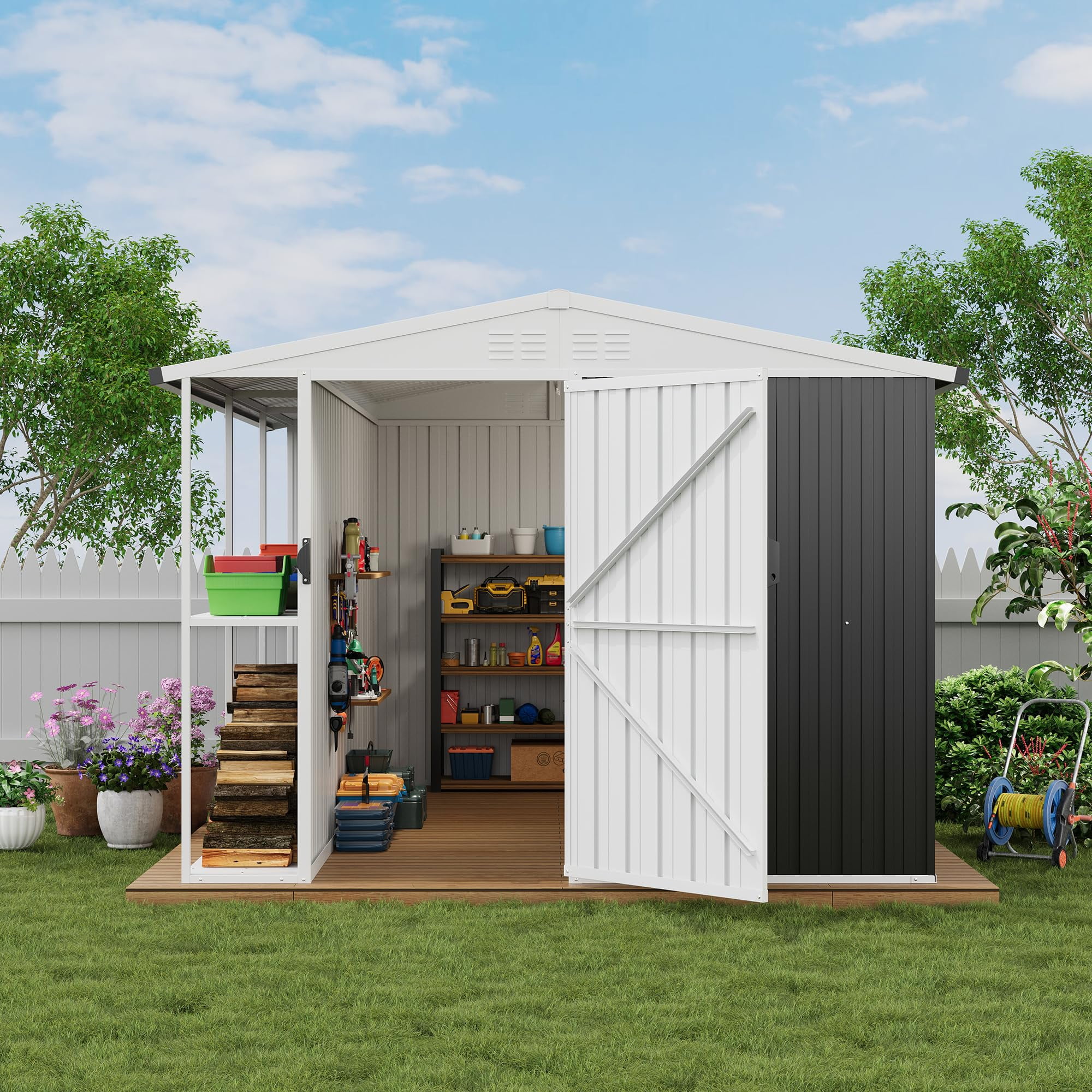10x8 Storage Shed with Rack, Large Outdoor Storage Tool Utility Shed ...
