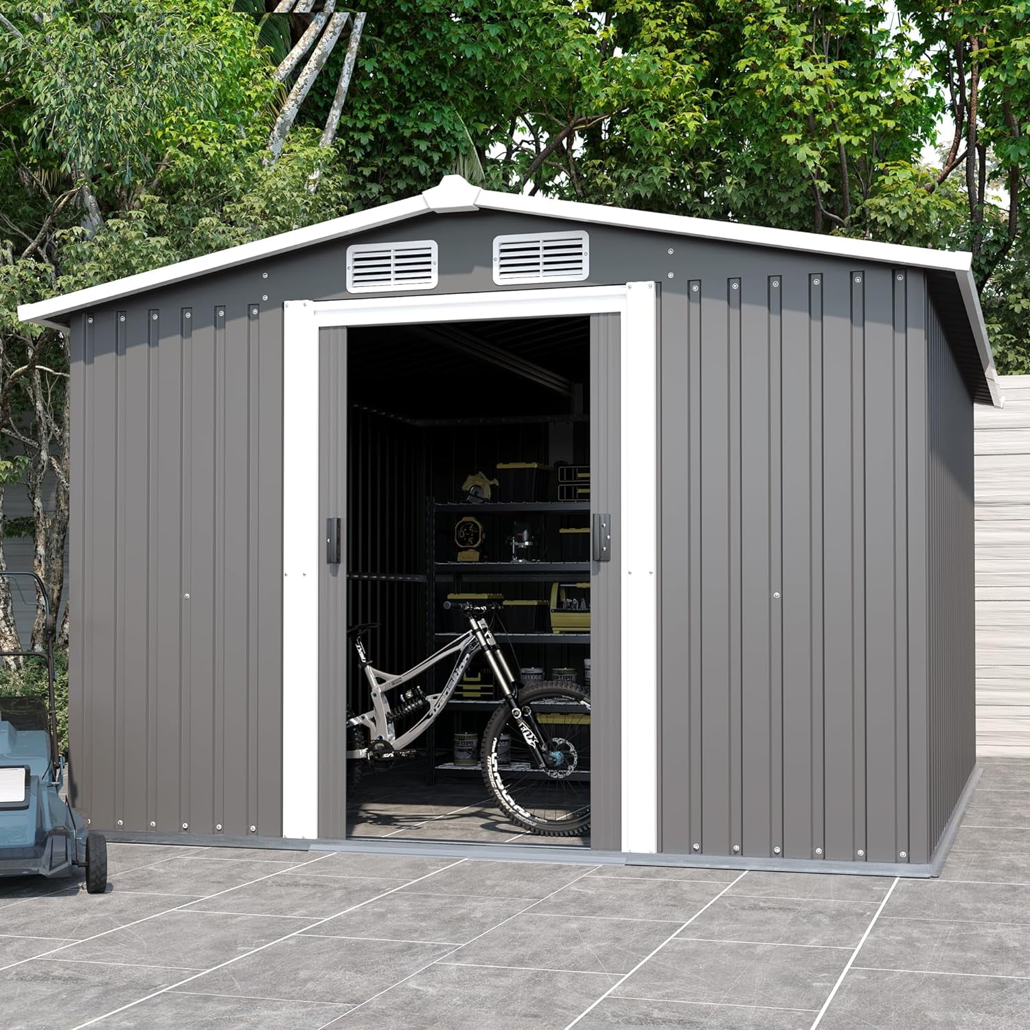 10x8FT Outdoor Metal Shed, Storage Cabinet with Sloping Roof & Lockable ...