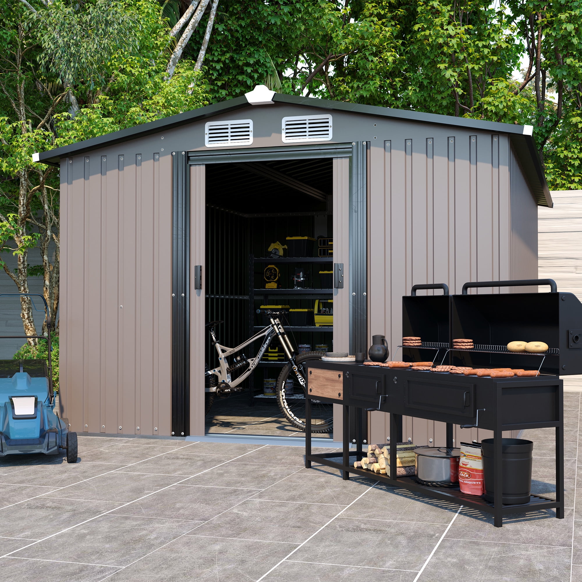 10x8FT Outdoor Metal Shed, Storage Cabinet with Sloping Roof & Lockable ...