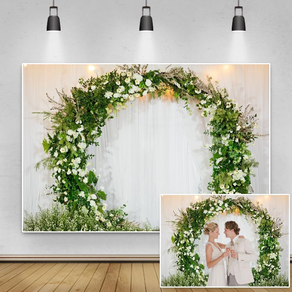 10x8ft Arch Wedding Flower Backdrop with Green Garland Wreath and White ...