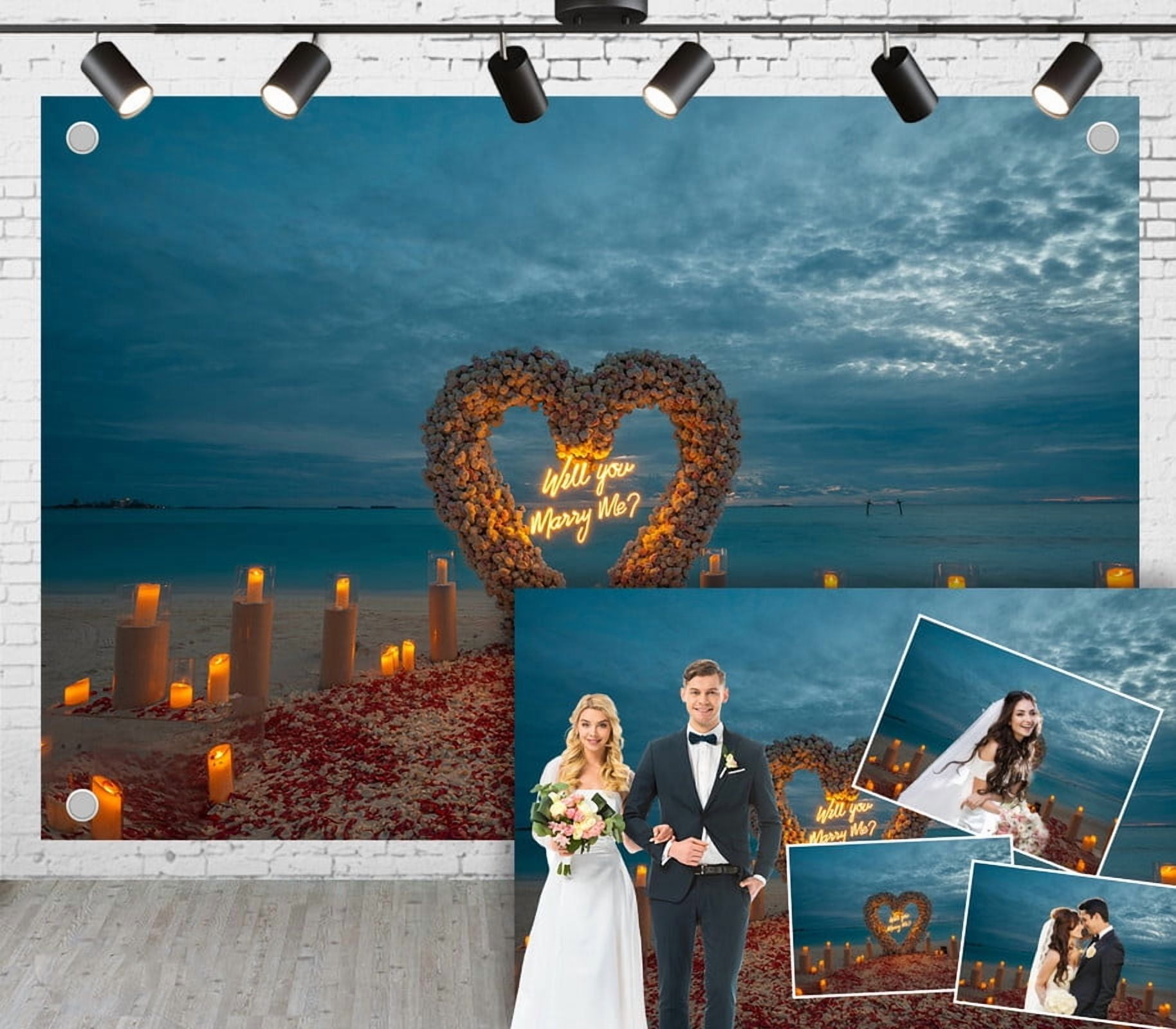 10x8ft Beach Wedding Backdrop Curtain, Love Flower Arch Candles Sea ...