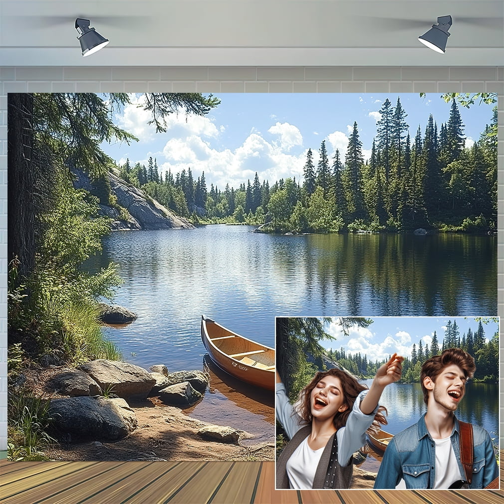 10x8ft Fisherman's Canoe Photography Backdrop, Natural Lake and Forest ...