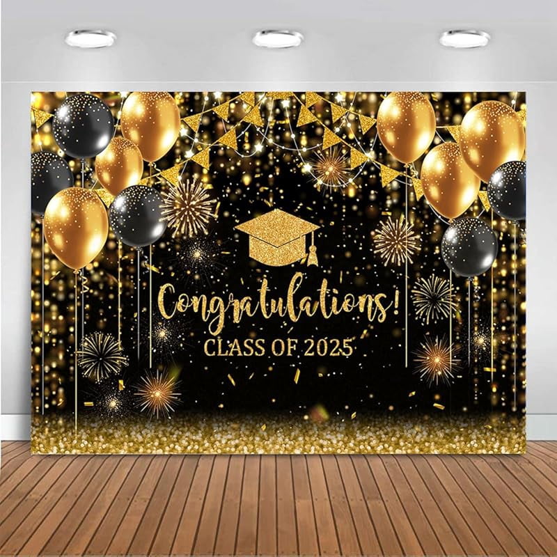 10x8ft Graduation Backdrop Class of 2025 Decorations Black and Gold ...