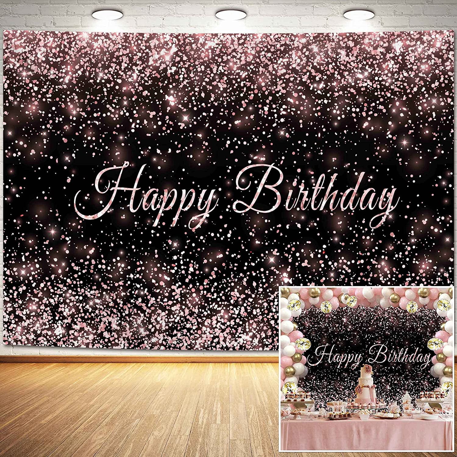 10x8ft Happy Birthday Backdrop and Black Shiny Gold dot Glamour Sparkle ...